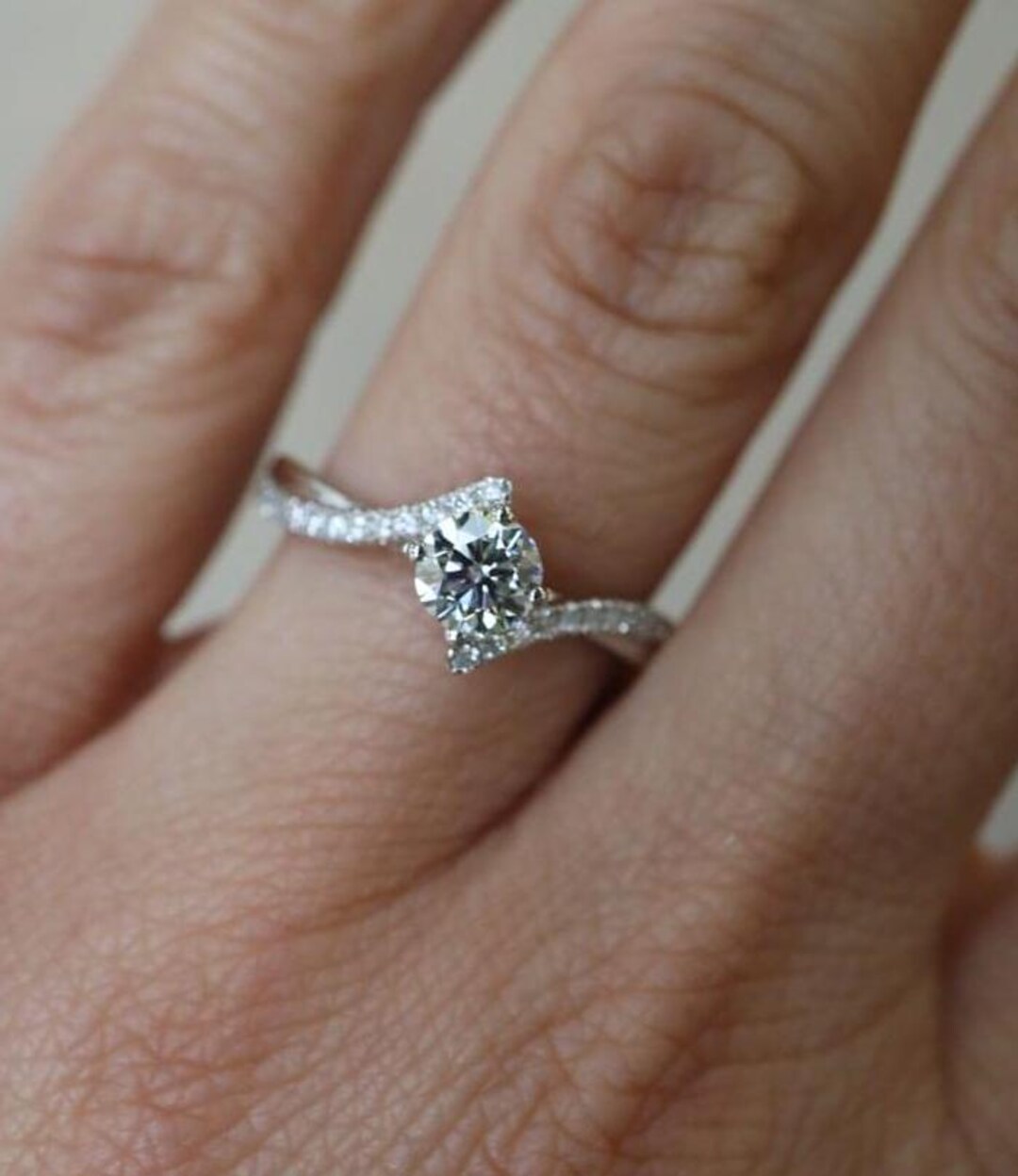 Swirl Bypass Wedding Ring, Solitaire With Accent Engagement Ring, Round ...