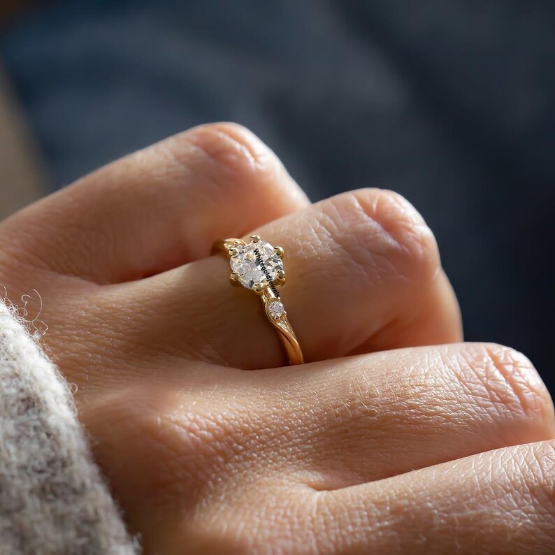 Three Stone Engagement Ring, Bypass Wedding Ring, Cushion & Round Shape ...