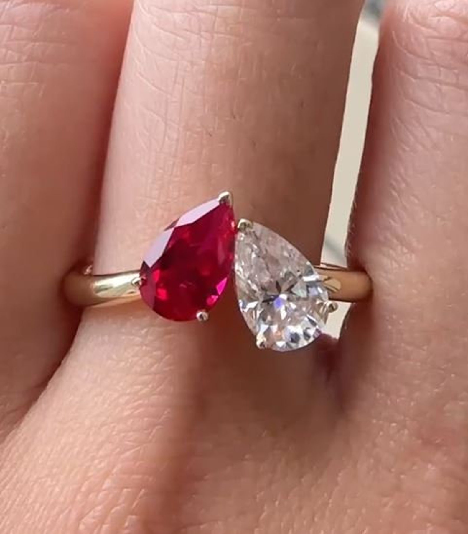 Toi Et Moi Engagement Ring, Pink Ruby Gemstone Ring, Pear Cut Wedding ...