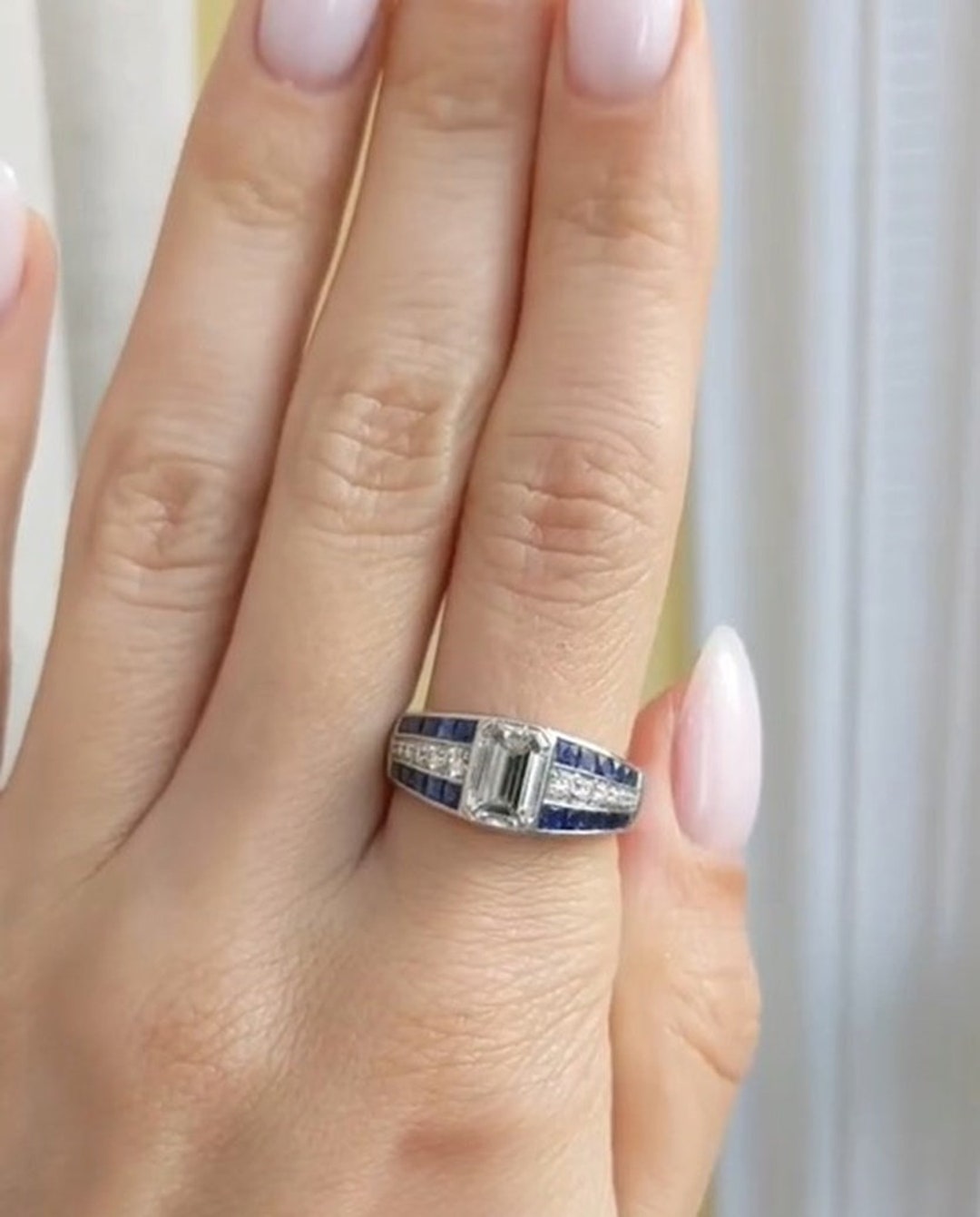 Bezel Set Engagement Ring, Emerald Cut Wedding Ring, Blue Sapphire ...