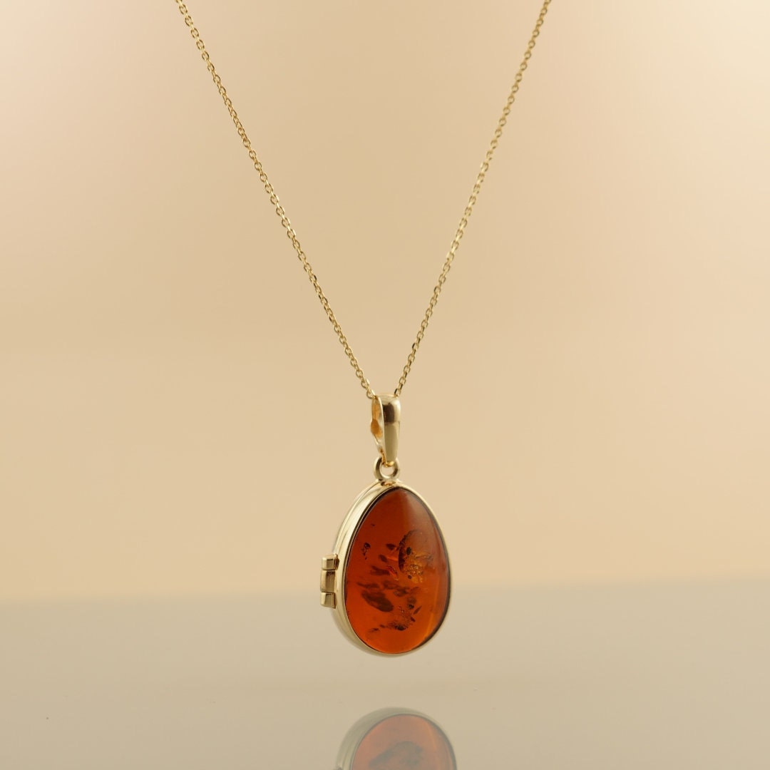 Gold Amber, Amber Locket Pendant, Gold Plated Sterling Silver Locket ...