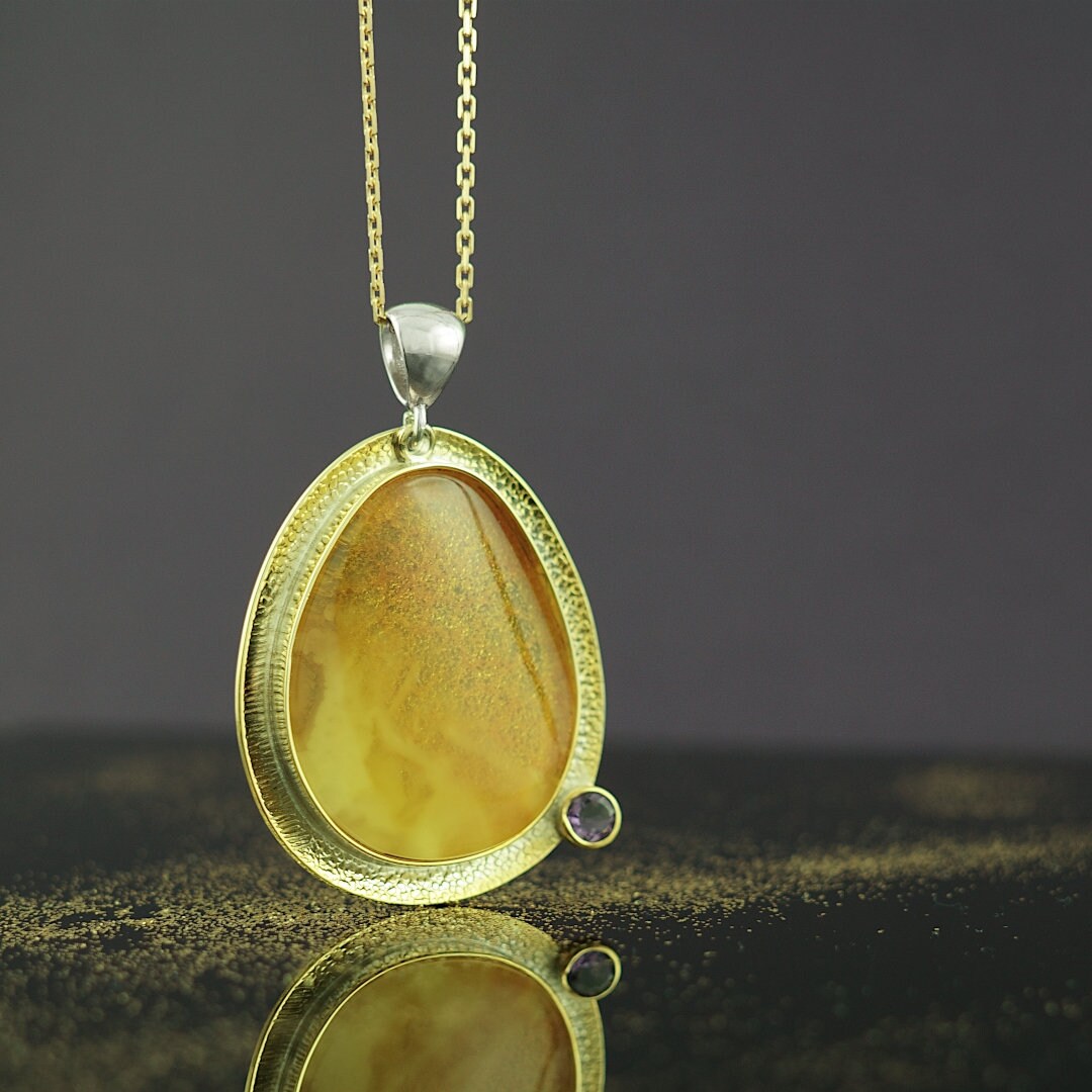 Big Amber Pendant, Genuine Amber Jewelry, Large Amber, Gold Plated ...