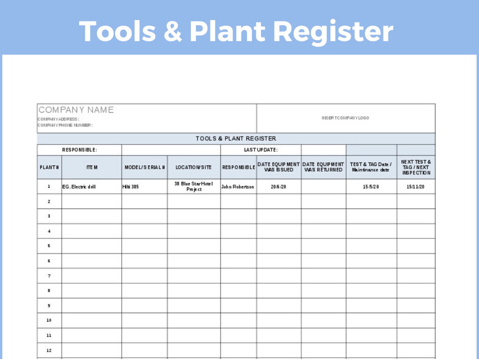 Tools & Plant Register Template, PROJECT MANAGEMENT - Etsy New Zealand