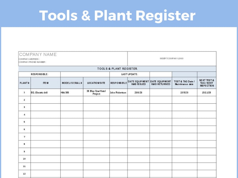 Tools & Plant Register Template, PROJECT MANAGEMENT - Etsy UK