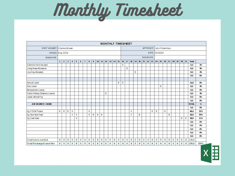 Monthly Timesheet Template, PROJECT MANAGEMENT - Etsy