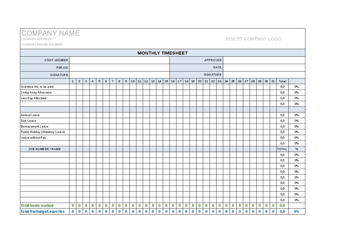 Monthly Timesheet Template, PROJECT MANAGEMENT - Etsy