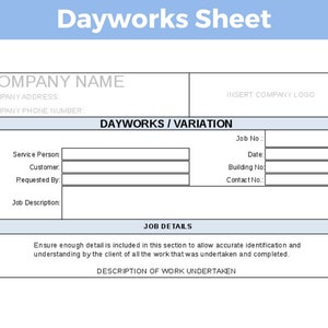 Dayworks Sheet Template, PROJECT MANAGEMENT - Etsy