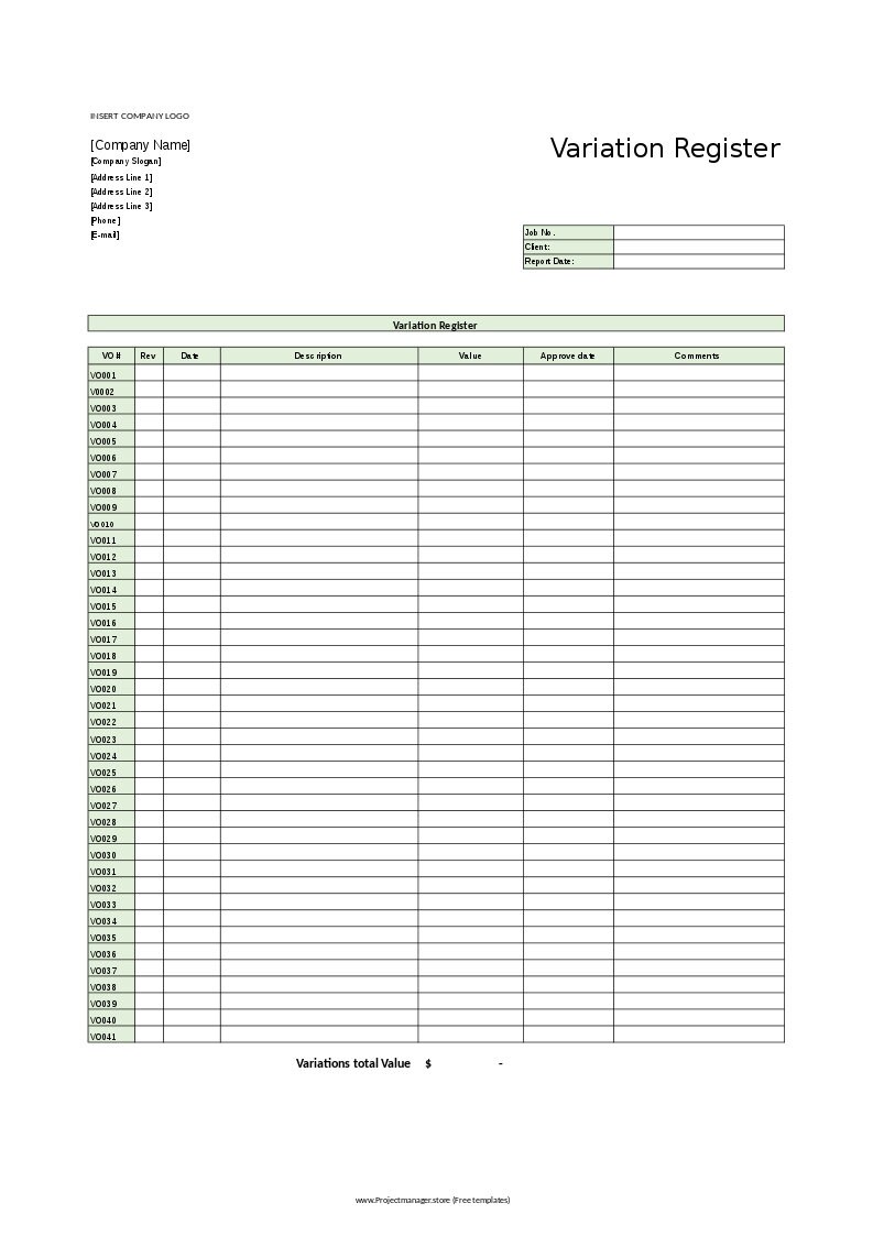 Project Variation Template + (free Variation Register), PROJECT ...