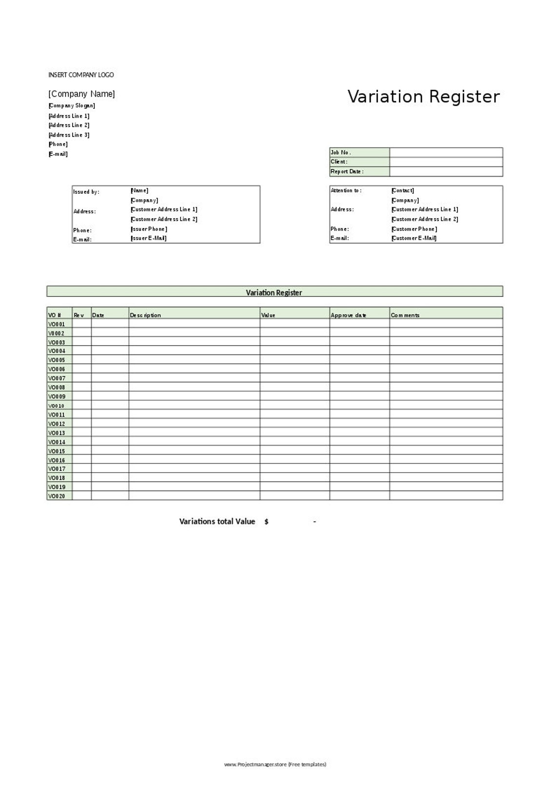 Project Variation Template + (free Variation Register), PROJECT ...
