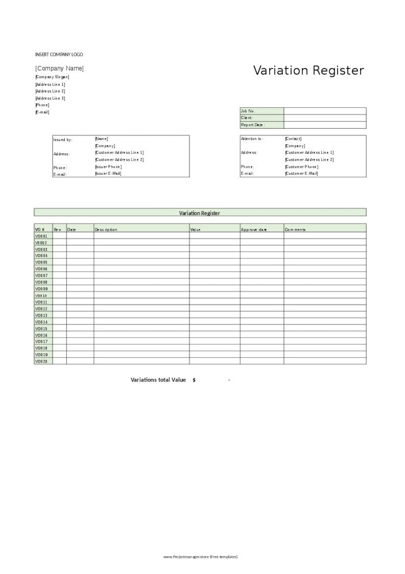 Project Variation Template + (free Variation Register), PROJECT ...