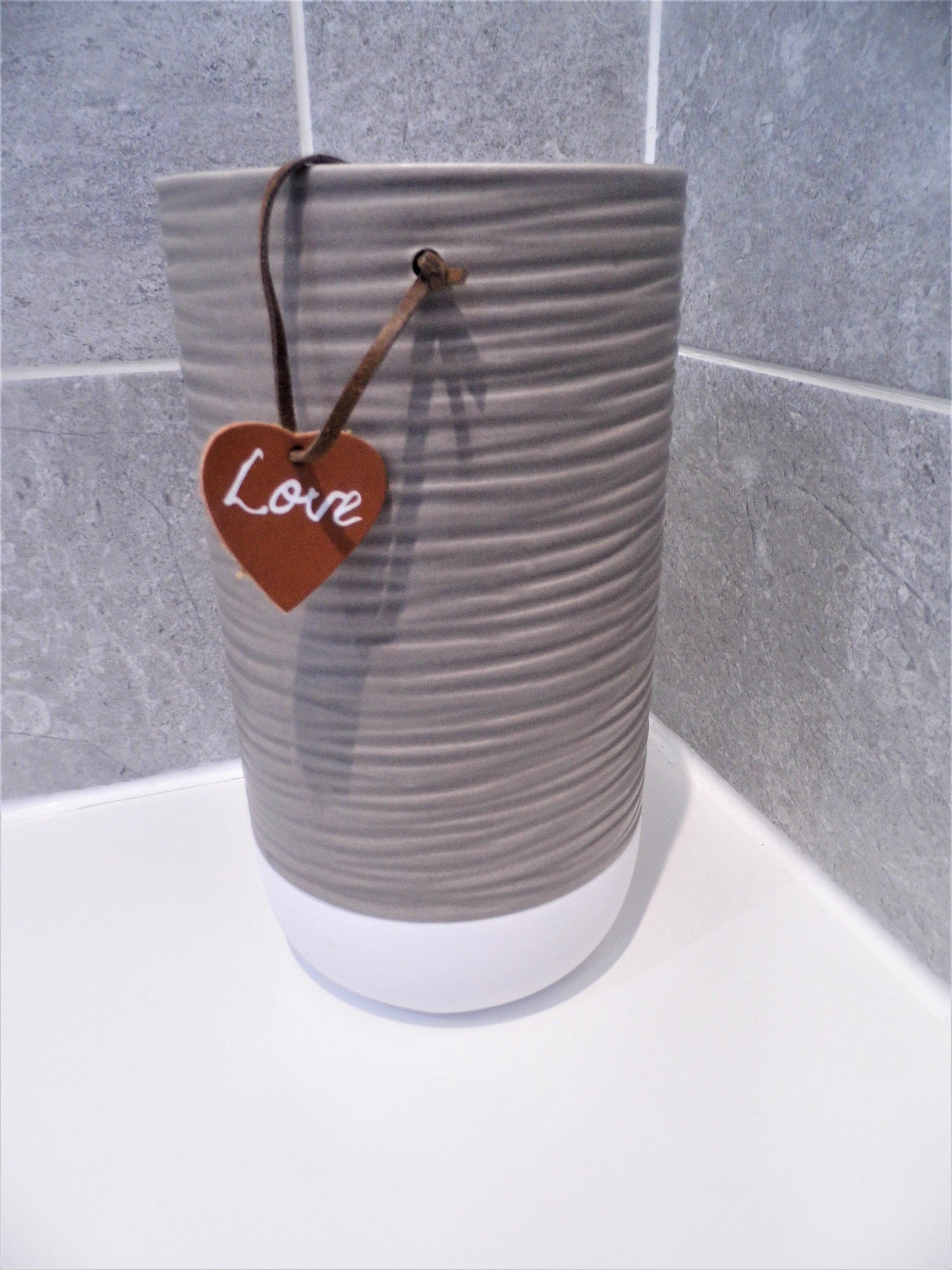 Ceramic Grey ridge pot with leatherette tag, pot, flowers,home decor ...