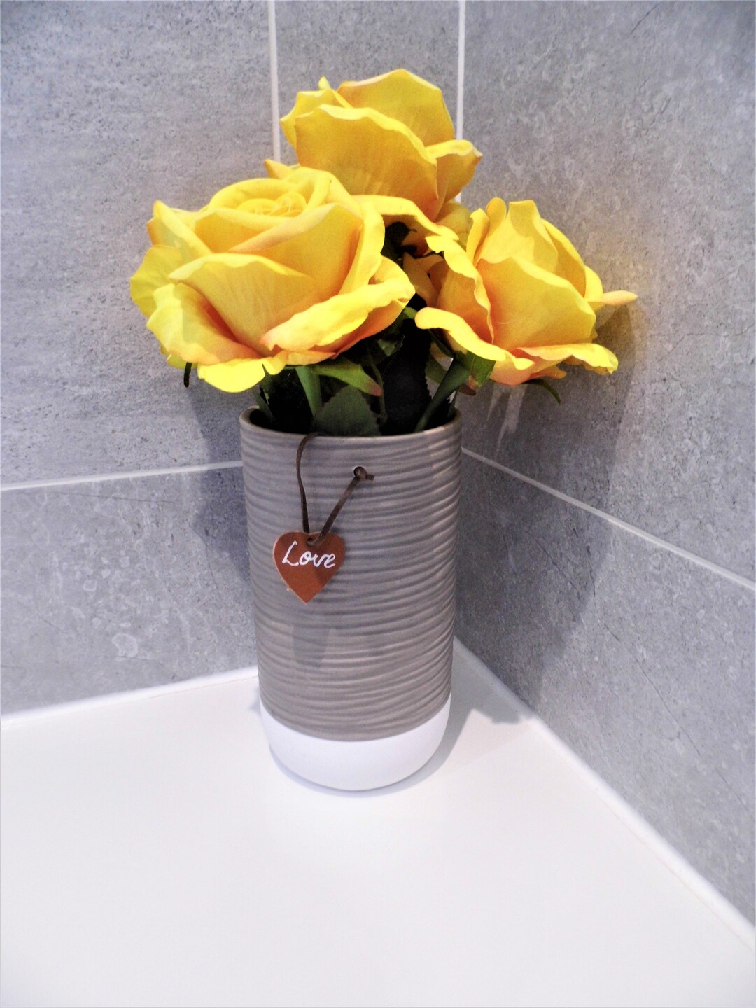 Ceramic Grey ridge pot with leatherette tag, pot, flowers,home decor ...