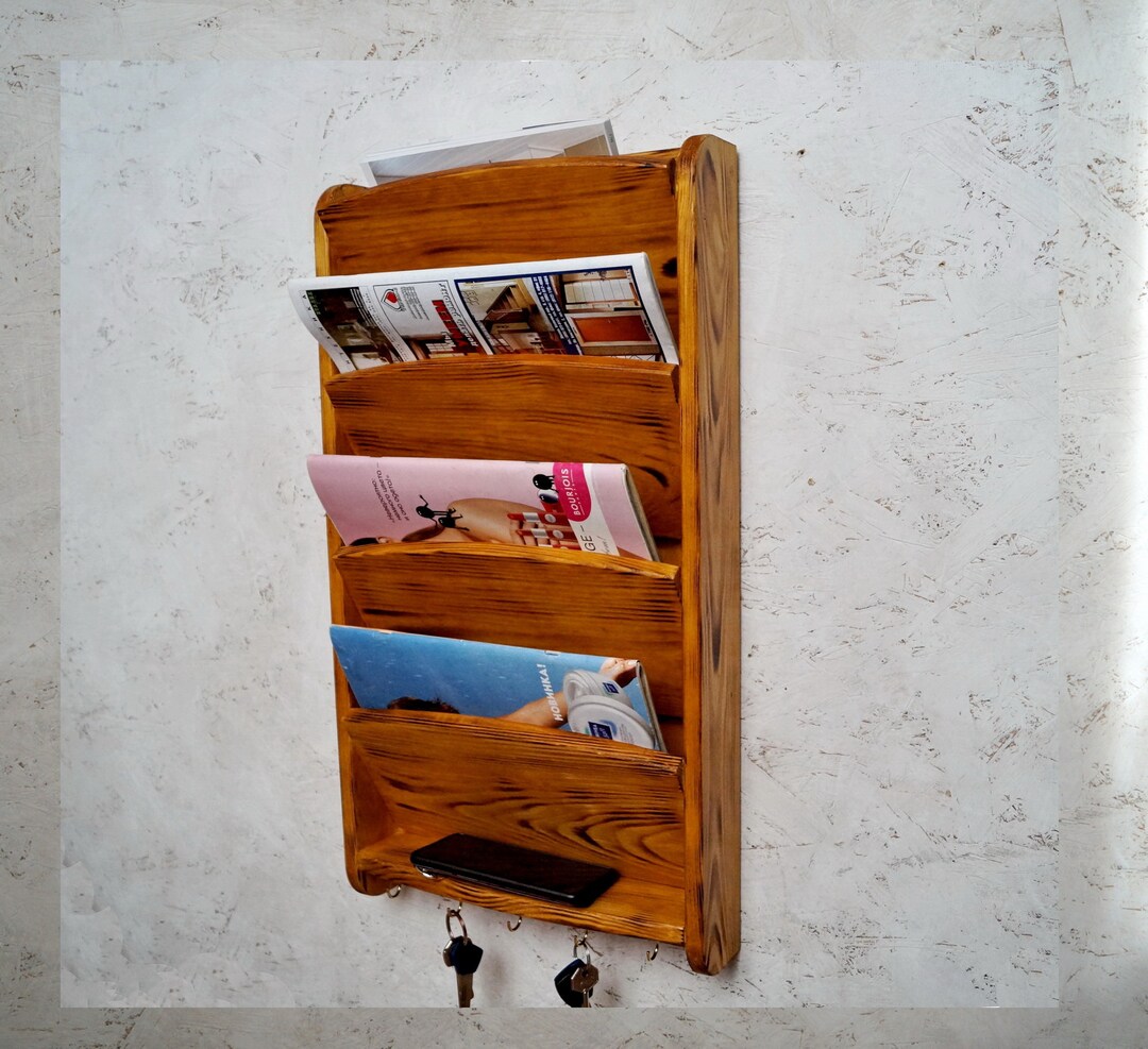 Large Magazine Rack for Wall - Wooden Mail Holder With Key Hooks - Etsy