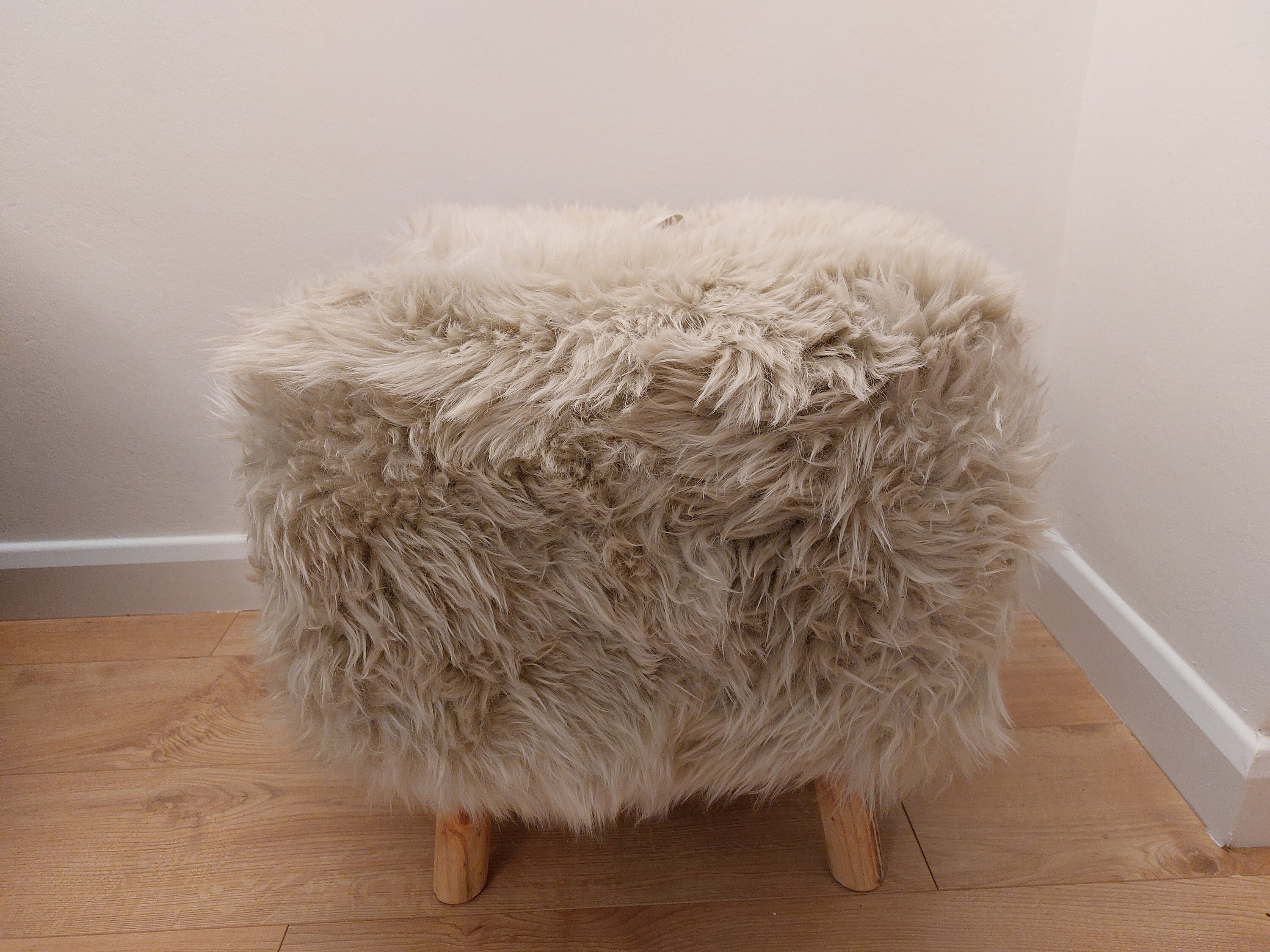 Handmade Sheepskin Footstool: Small Furry Pouffe, Wood Legs - Etsy UK