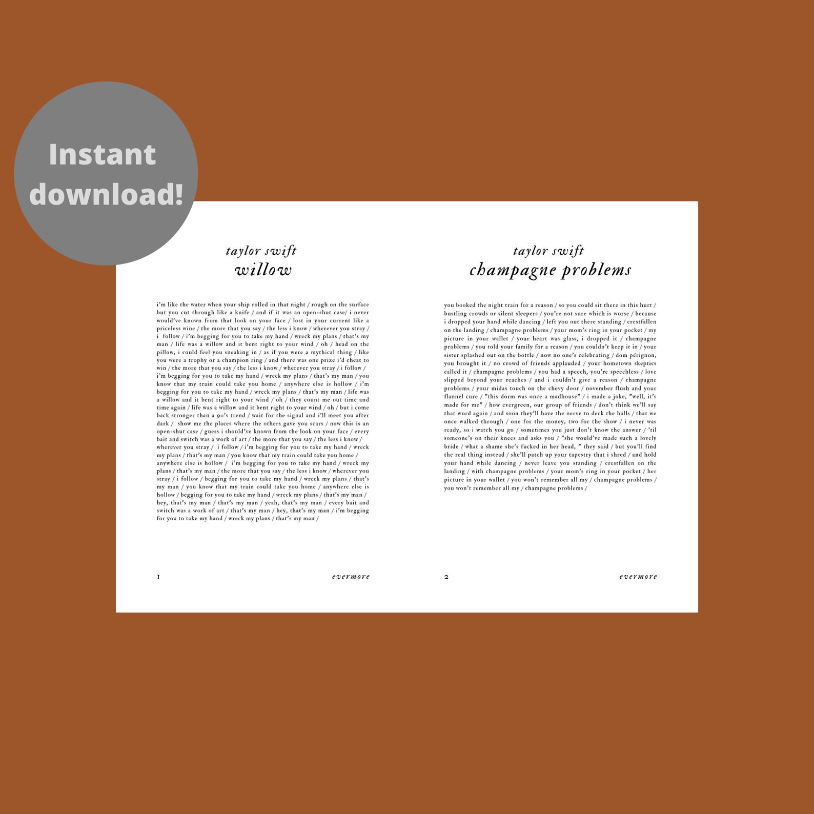 Evermore Lyrics Book Printable Taylor Swift Poster Scrapbook Book Pages ...