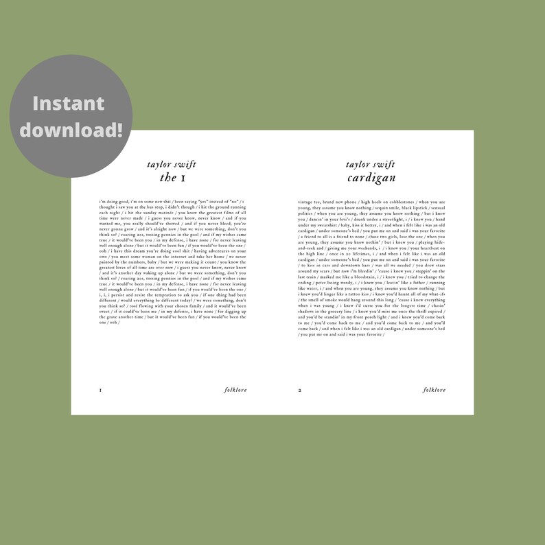 Folklore Lyrics Book Printable Taylor Swift Poster - Etsy