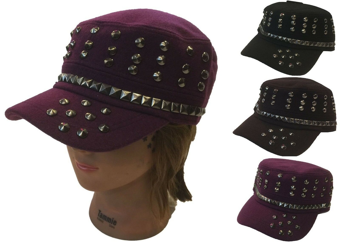 Men Women Cadet Box Cap Army Military Fashion Castro Metal Rivet Wool ...