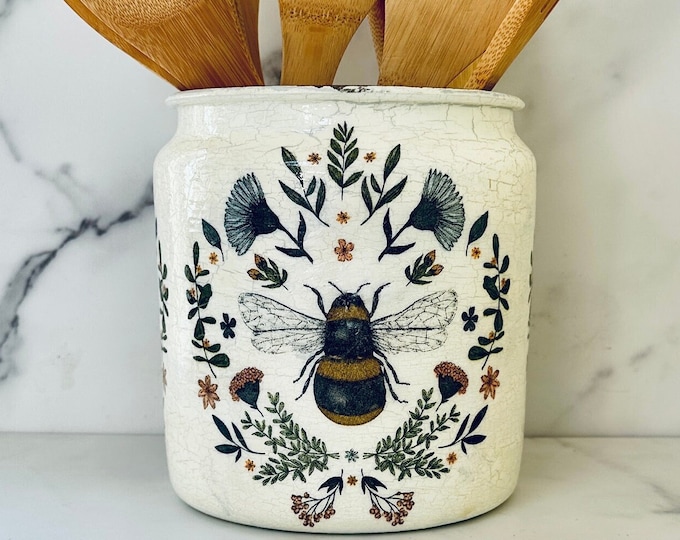 Extra Large Honey Bee Utensil Holder: Decoupage Kitchen Crock, 8" X 6.5 ...