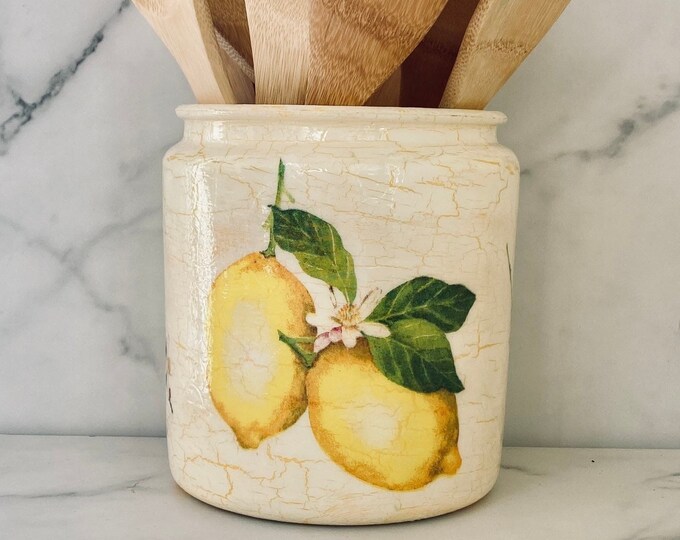 EXTRA LARGE Lemon Decoupage Utensil Holder: French Country Kitchen ...