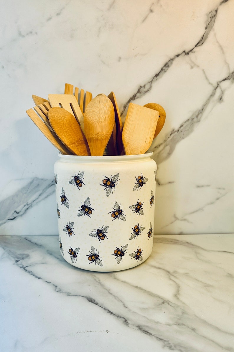 EXTRA LARGE Honey Bee Utensil Holder: Bumblebee Decoupage Kitchen Crock ...