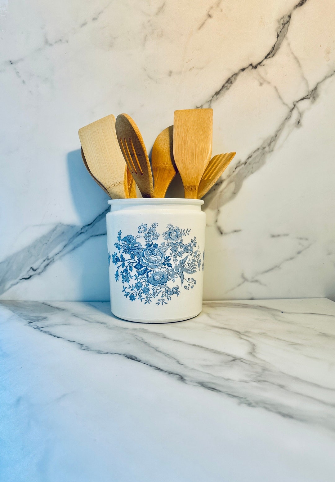 Light Blue & White Floral Chinoiserie Kitchen Utensil Holder, Blue ...