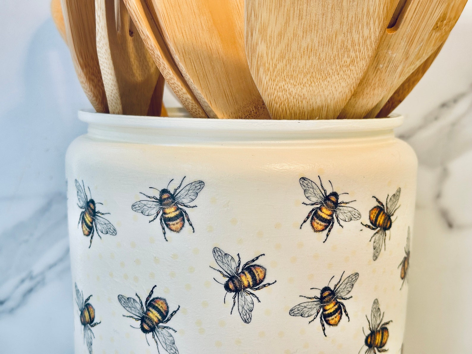 EXTRA LARGE Honey Bee Utensil Holder: Bumblebee Decoupage Kitchen Crock ...