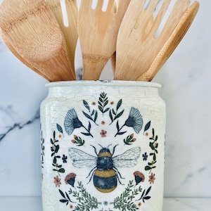 Extra Large Honey Bee Utensil Holder: Decoupage Kitchen Crock, 8" X 6.5 ...