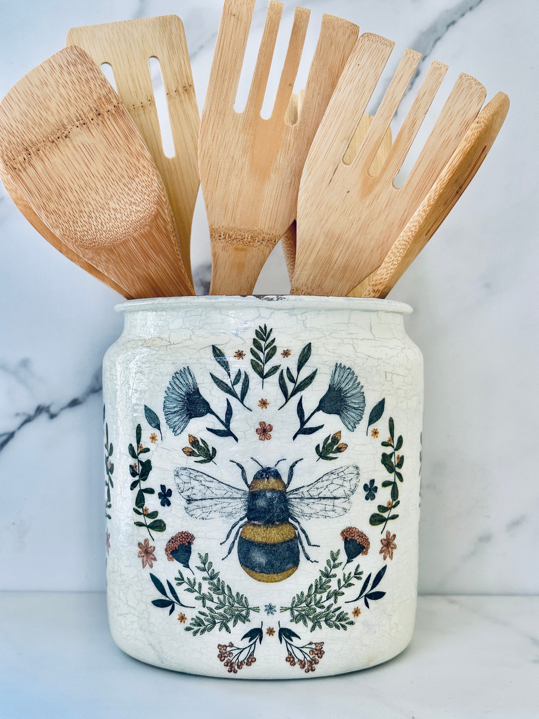 Extra Large Honey Bee Utensil Holder: Decoupage Kitchen Crock, 8" X 6.5 ...