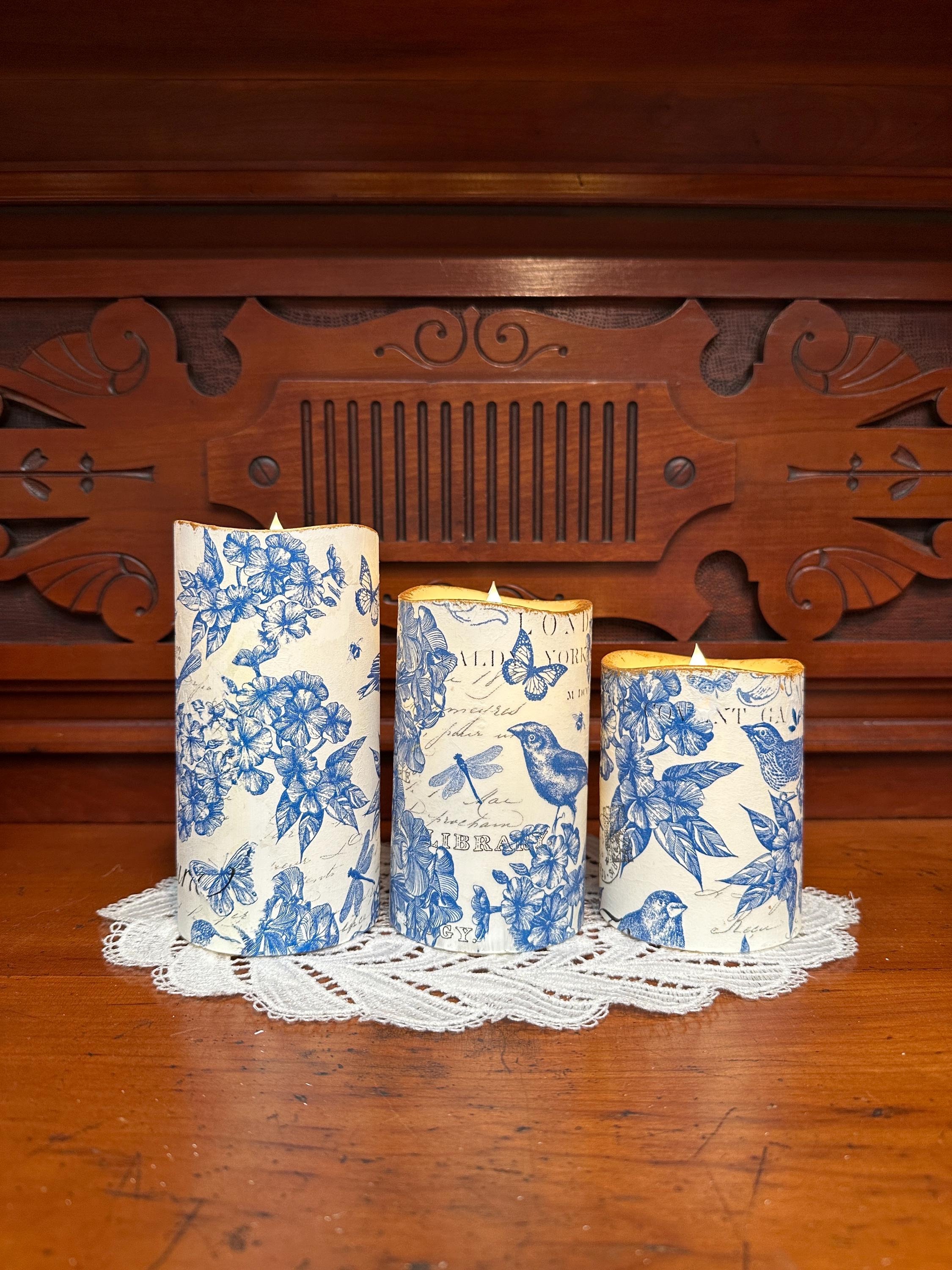 Flameless Bluebird Chinoiserie Candles, Blue White Flickering Candles ...