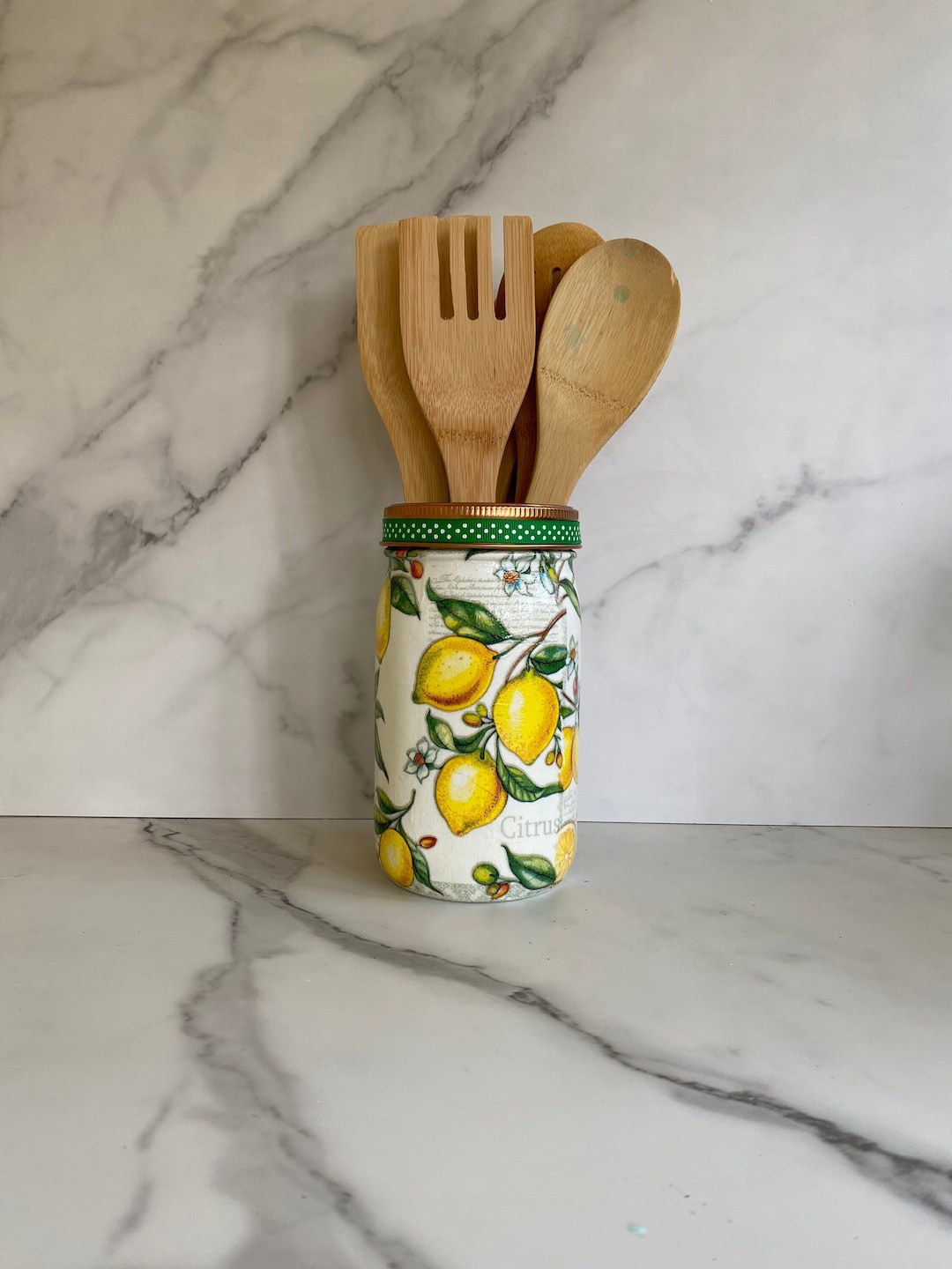 Lemon Utensil Holder: Decoupage Mason Jar Caddy, Farmhouse Kitchen ...