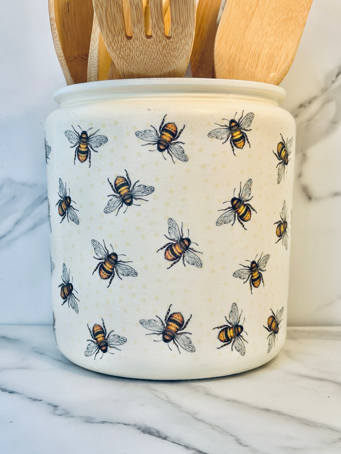 EXTRA LARGE Honey Bee Utensil Holder: Bumblebee Decoupage Kitchen Crock ...
