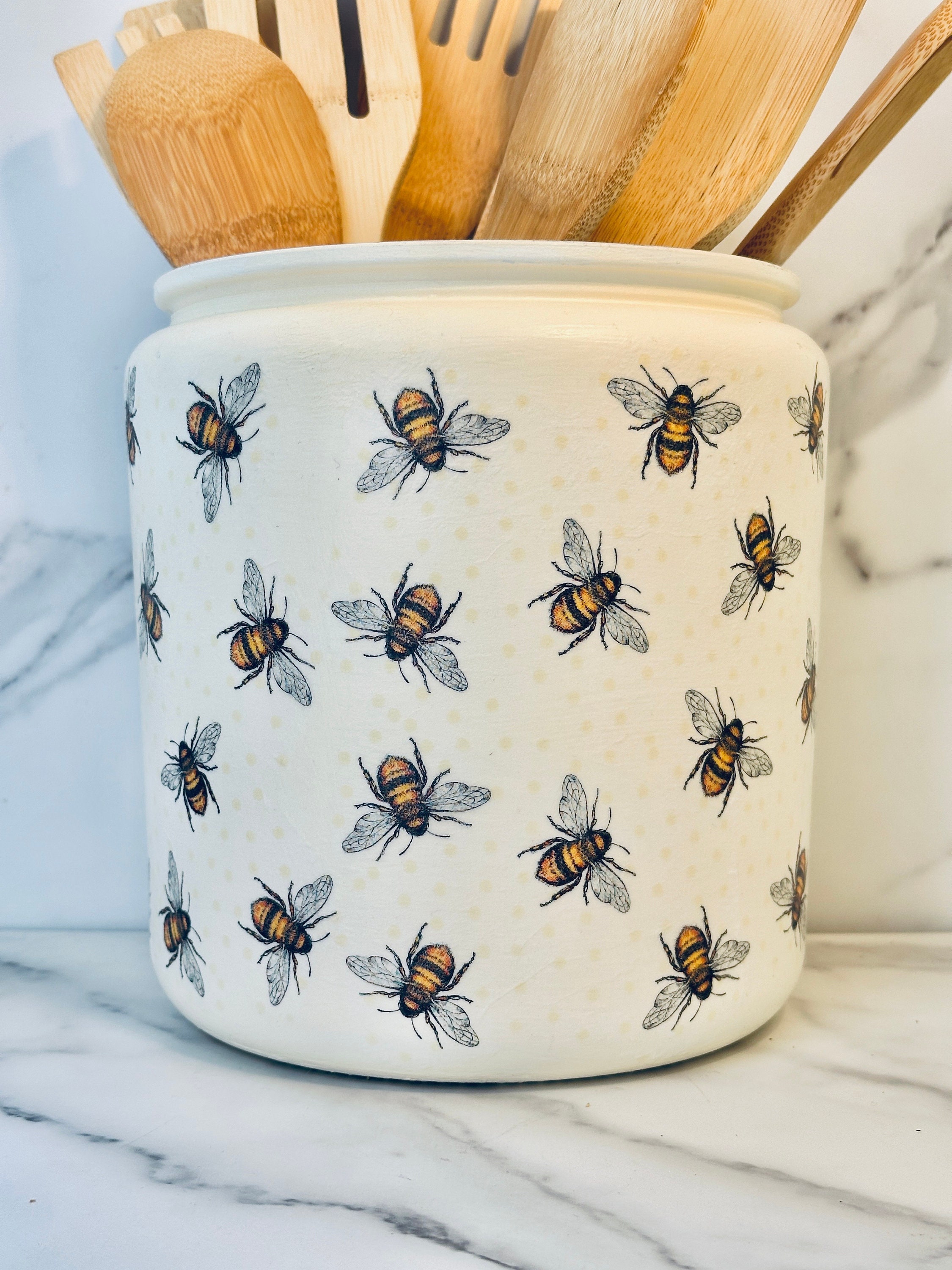 EXTRA LARGE Honey Bee Utensil Holder: Bumblebee Decoupage Kitchen Crock ...