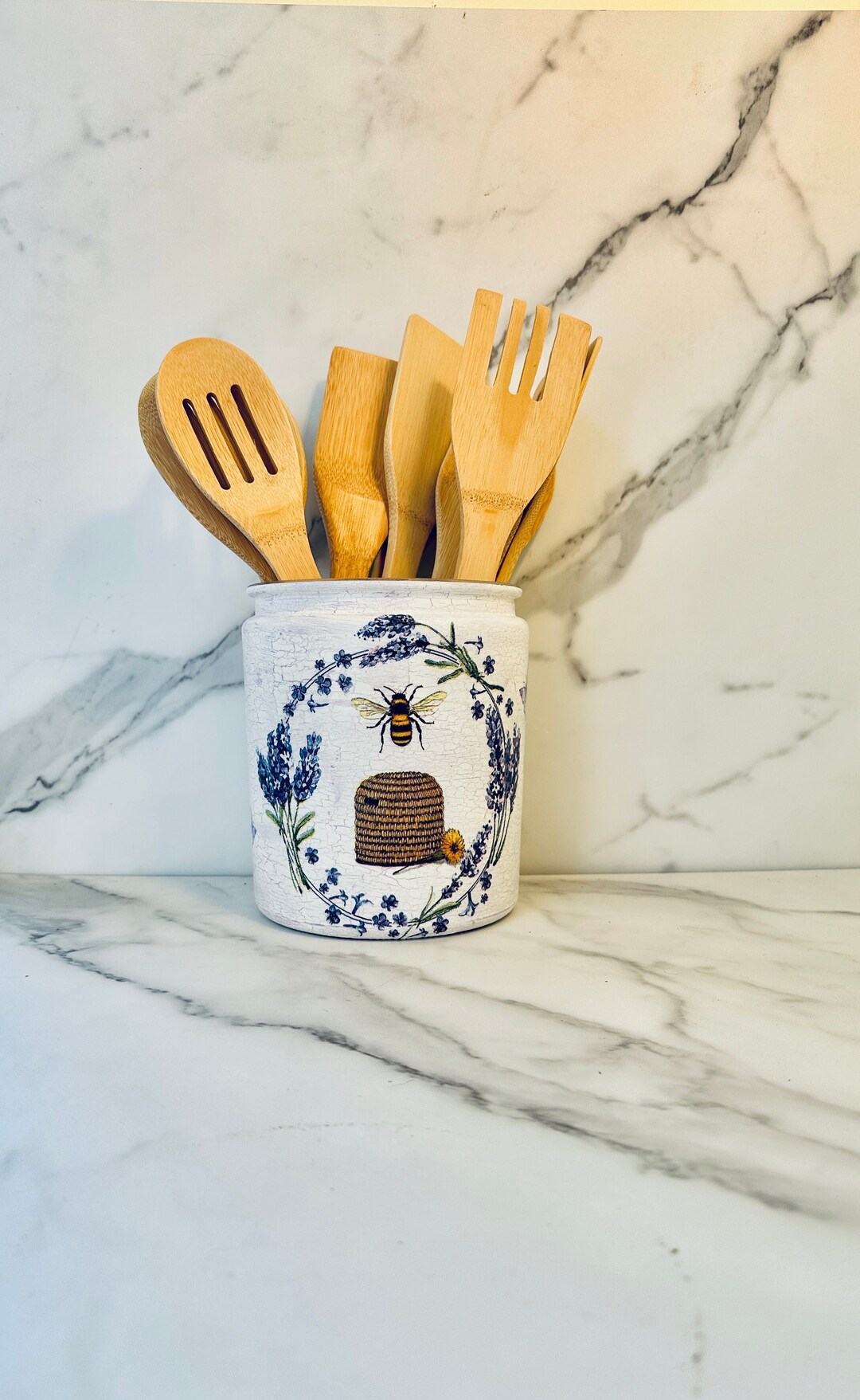 Bee Utensil Holder, Honey Bee Caddy, Honey Bee Crock, 7"h X 6.5"w, 1/2 ...