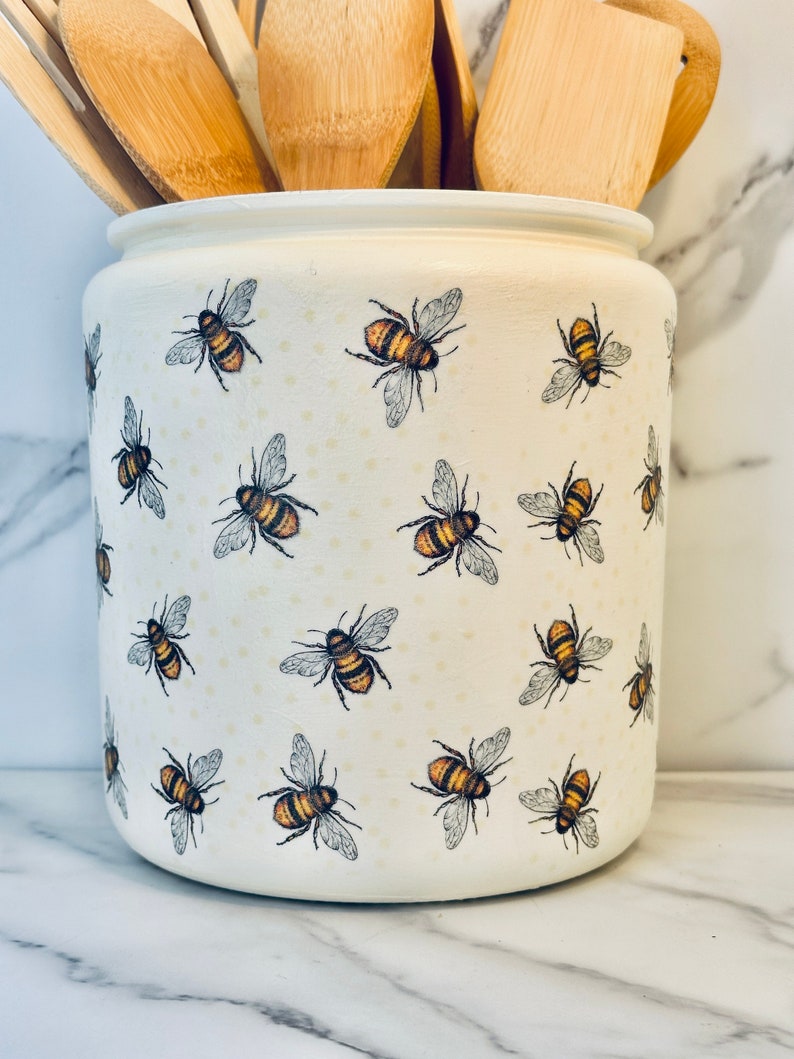 EXTRA LARGE Honey Bee Utensil Holder: Bumblebee Decoupage Kitchen Crock ...