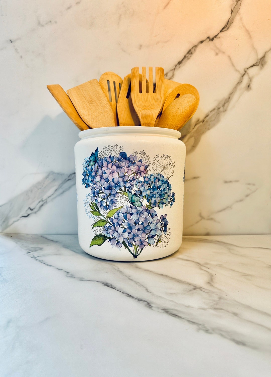 EXTRA LARGE Hydrangea Floral Kitchen Utensil Holder: French Farmhouse ...