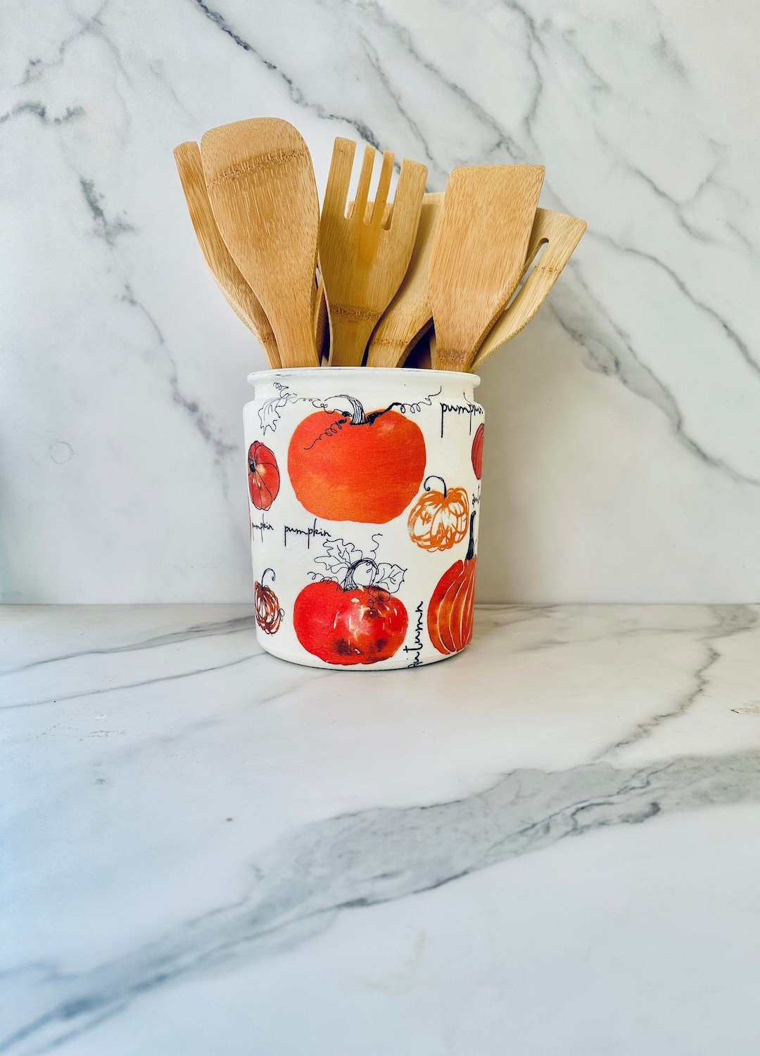 EXTRA LARGE Pumpkin Themed Kitchen Utensil Holder, Fall Utensil Caddy ...