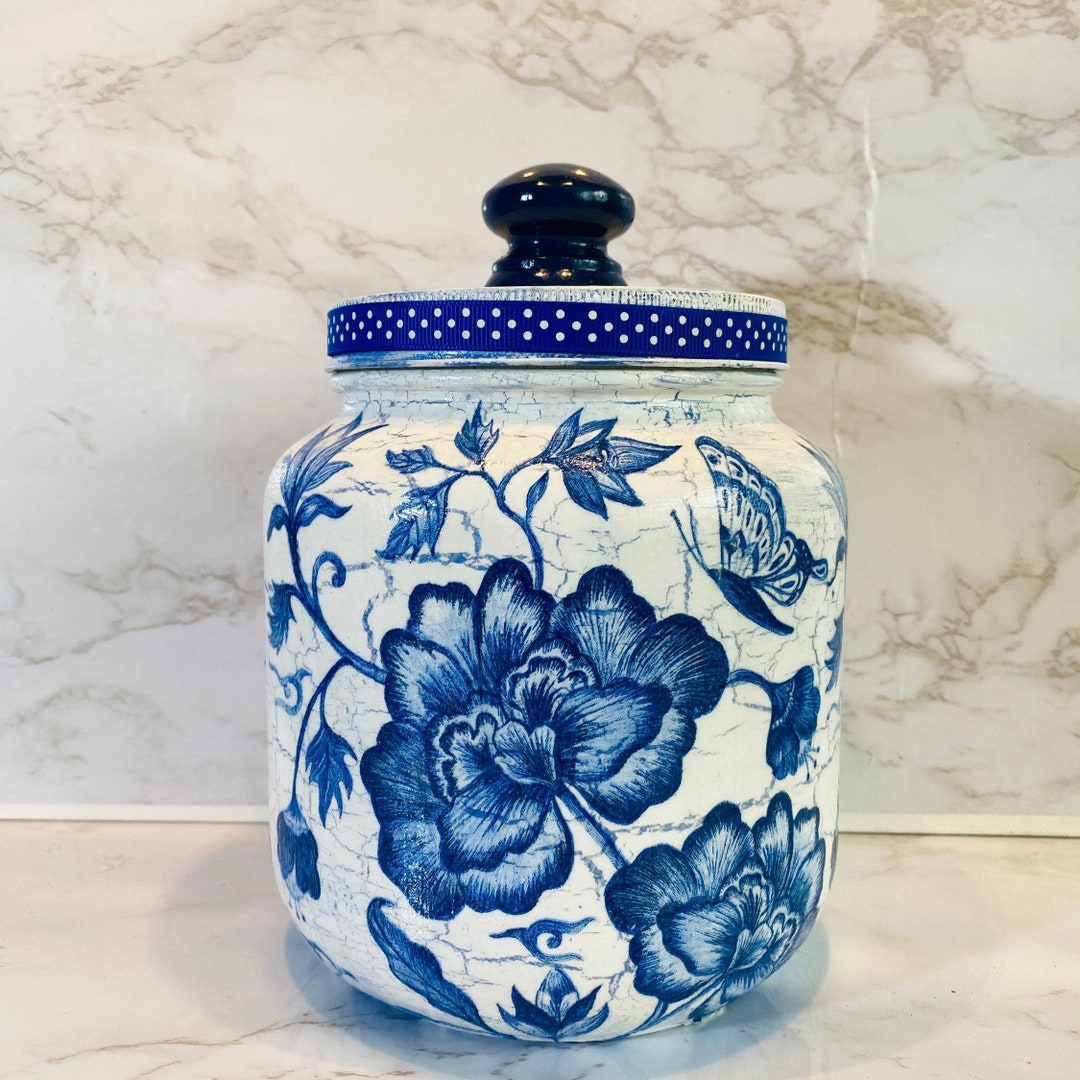 Blue Floral Decoupage Cookie Jar: Crackled Glass Candy Container - Etsy