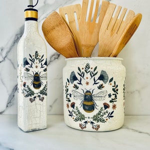Extra Large Honey Bee Utensil Holder: Decoupage Kitchen Crock, 8" X 6.5 ...