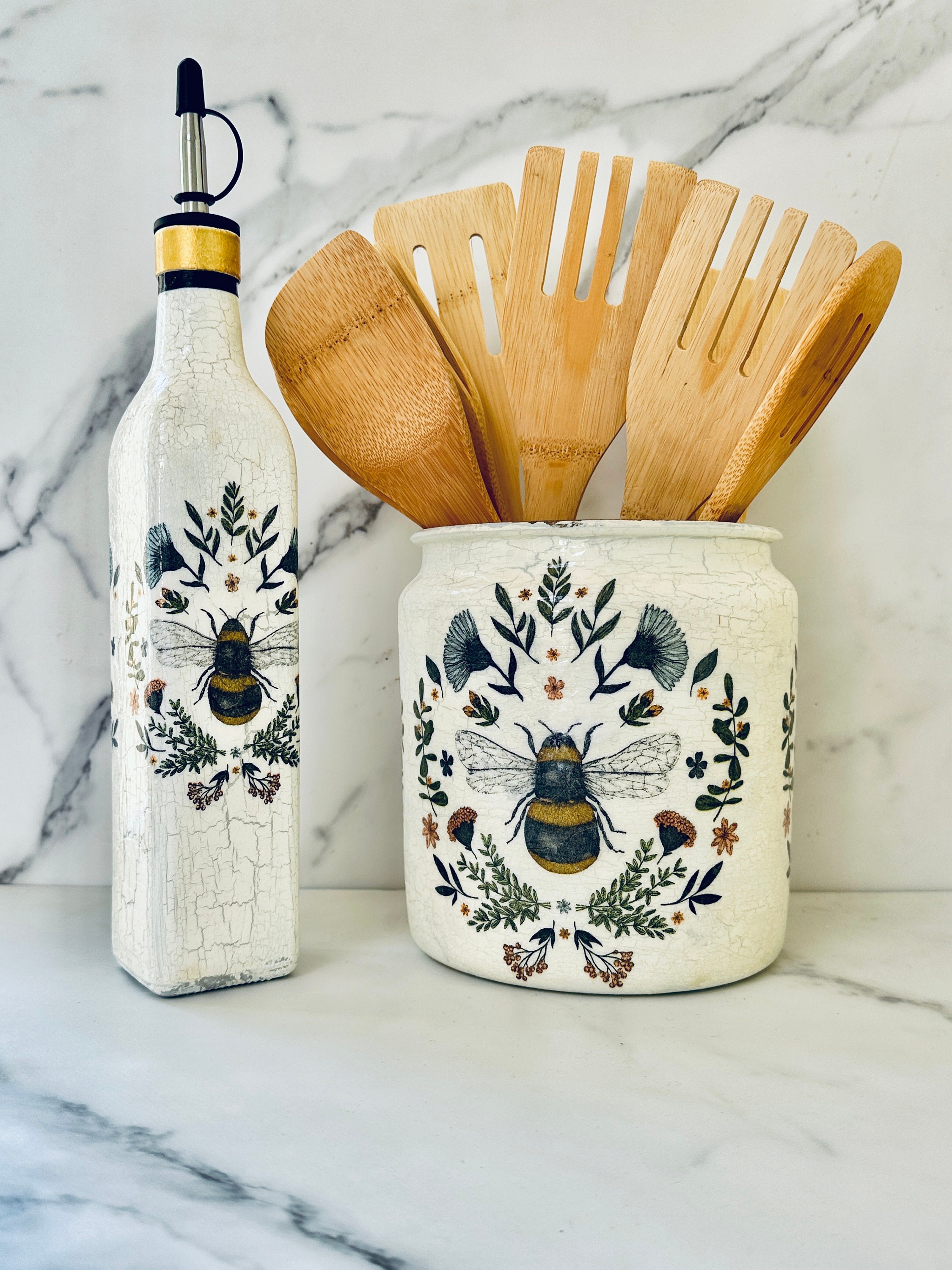 Extra Large Honey Bee Utensil Holder: Decoupage Kitchen Crock, 8" X 6.5 ...
