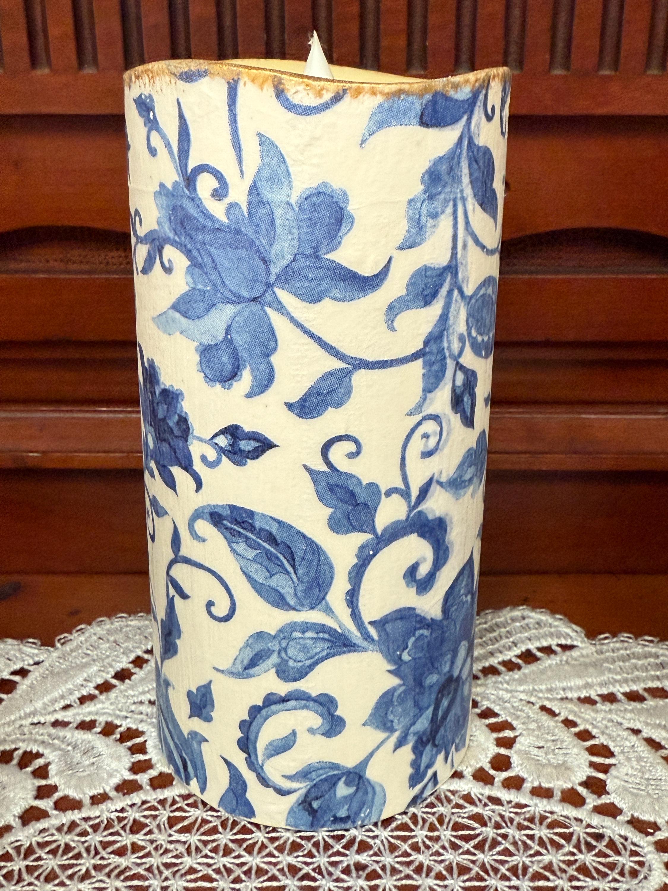 Blue on White Flameless Candles, Blue Chinoiserie LED Flickering Candle ...