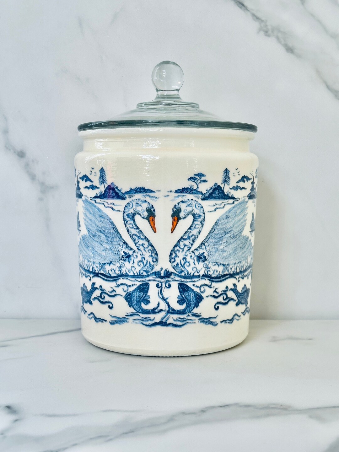 Blue Swan Chinoiserie Swan Cookie Jar, Chinoiserie Canister, Blue and ...