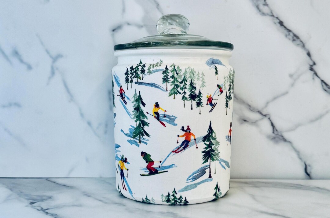 Ski Scene Cookie Jar: Winter Kitchen Decor. the Canister is 64 Ounces ...