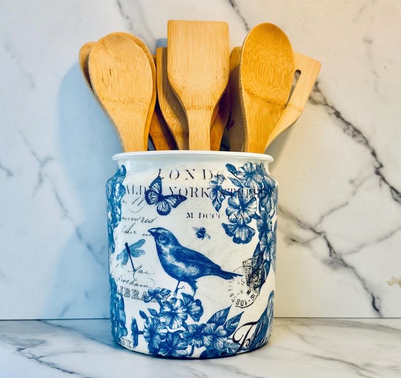 Bluebird Chinoiserie Utensil Holder: French Country Kitchen Caddy. This ...