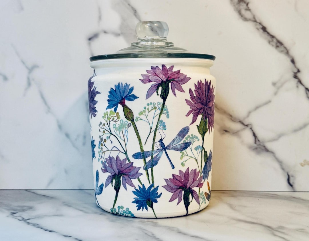 Dragonfly Floral Cookie Jar: Purple Astor Floral Canister, Decoupage ...