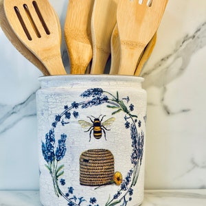 Decoupage Bee Utensil Holder: Crackled Kitchen Caddy. This Utensil ...