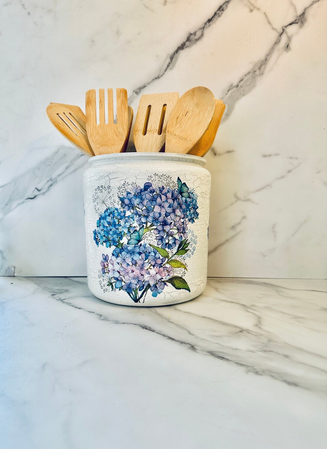 EXTRA LARGE Blue Hydrangea Utensil Holder: Floral Farmhouse Kitchen ...