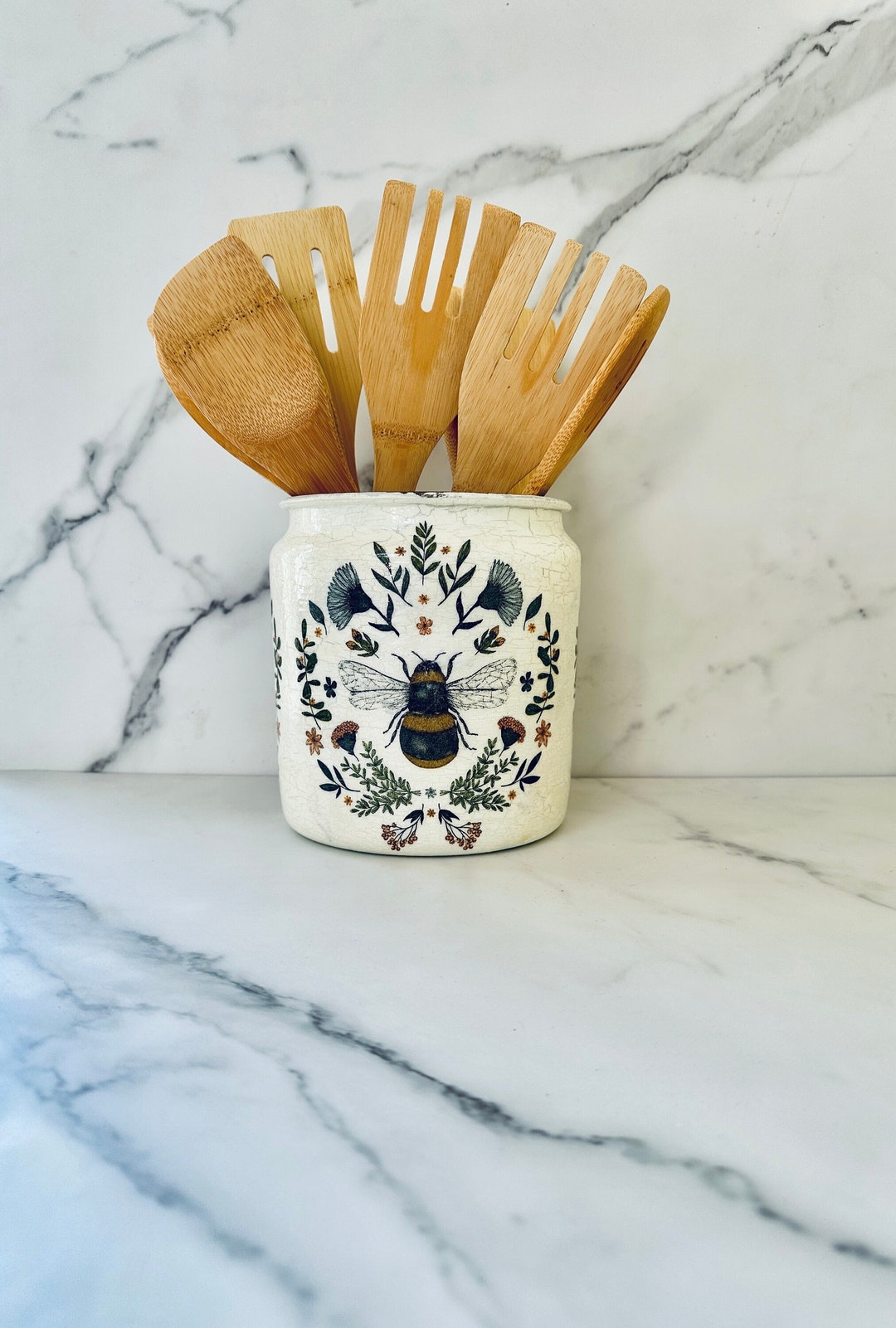 Extra Large Honey Bee Utensil Holder: Decoupage Kitchen Crock, 8" X 6.5 ...