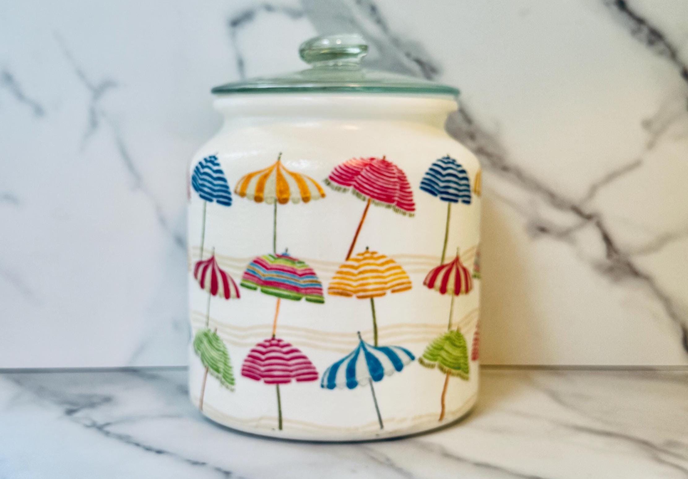Beach Themed Cookie Jar: Decoupage, Glass Kitchen Canister, .5 Gal, 64 ...