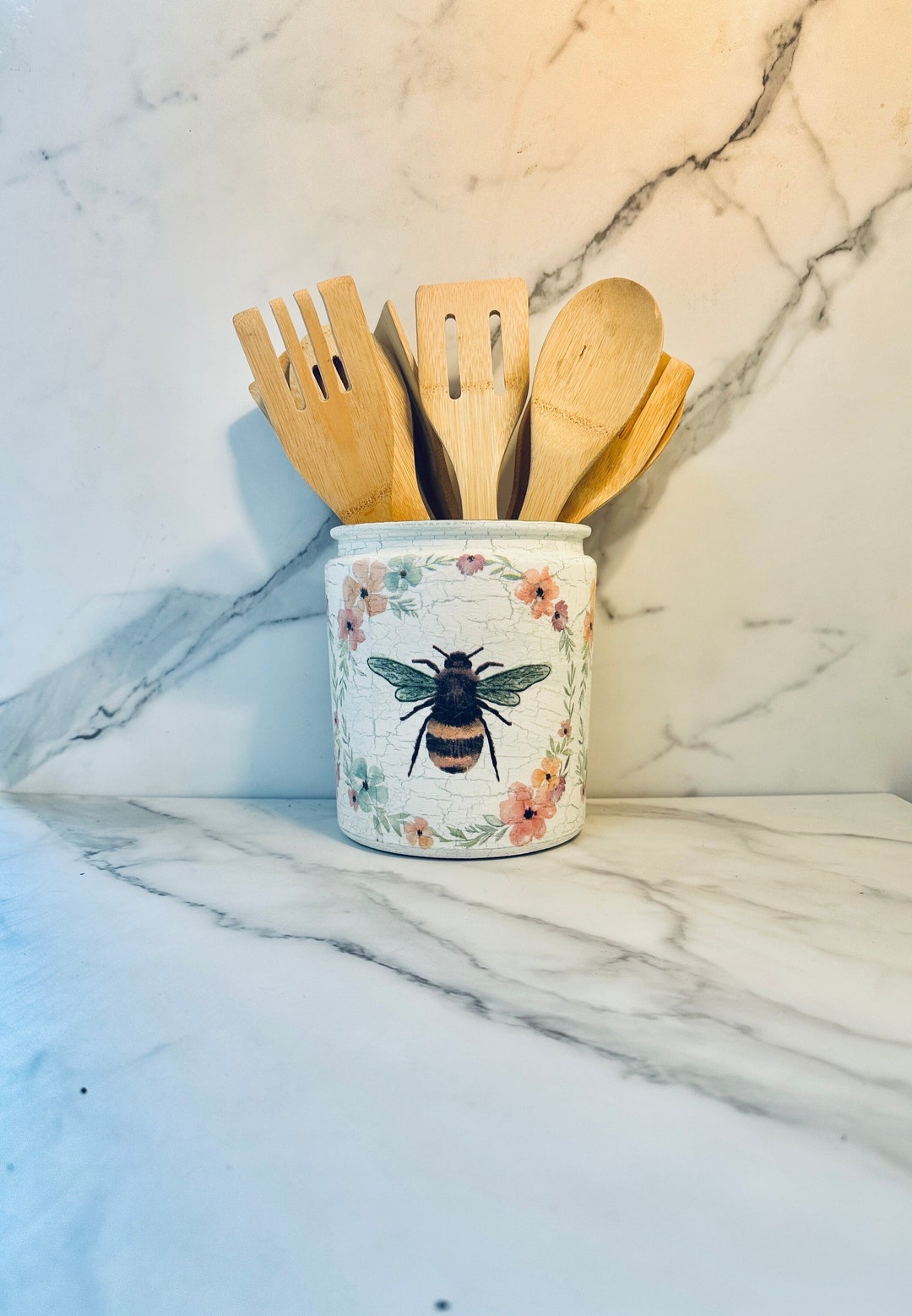 Shabby Chic Honey Bee Utensil Holder: Decoupage Glass Crock - Etsy