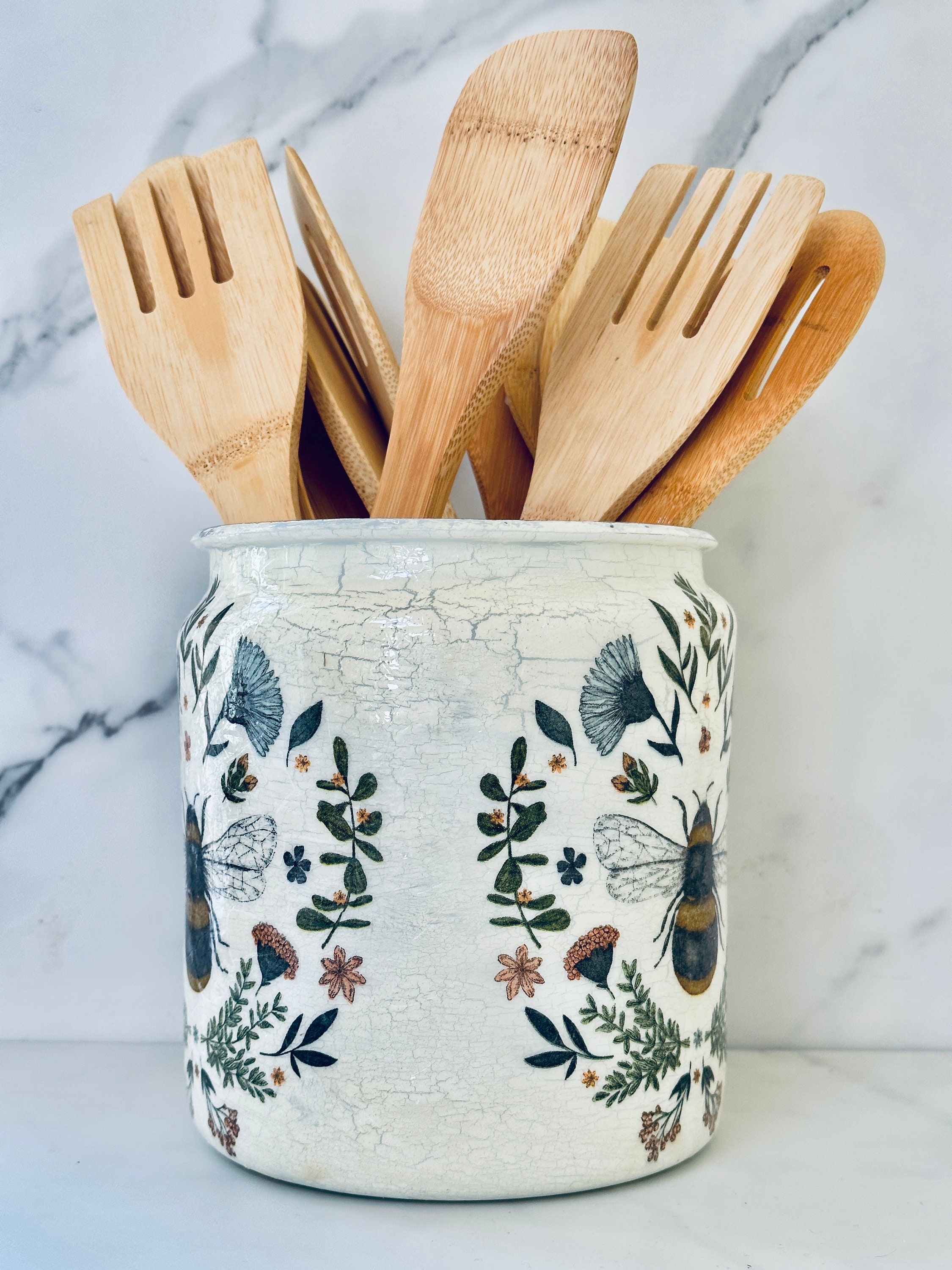 EXTRA LARGE Honey Bee Utensil Holder: Decoupage Kitchen Crock, 8" X 6.5 ...